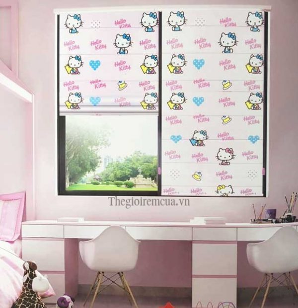 Rèm xếp lớp màu hồng hello kitty đáng yêu cho bé gái - Thế Giới Rèm Cửa